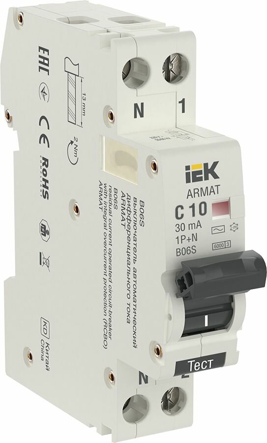 Выключатель автоматический IEK ARMAT, дифференциальный АВДТ, B06S, 1п+NP, характеристика C, 10А, ток утечки 30мА, тип AC, ширина модуля 18 мм