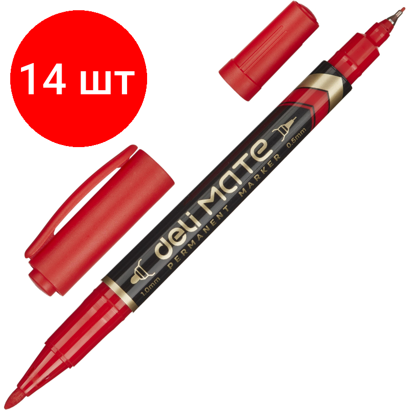 Комплект 14 штук, Маркер перманентный Deli EU10440 Mate двойной пиш. наконеч 0.5-1мм красный