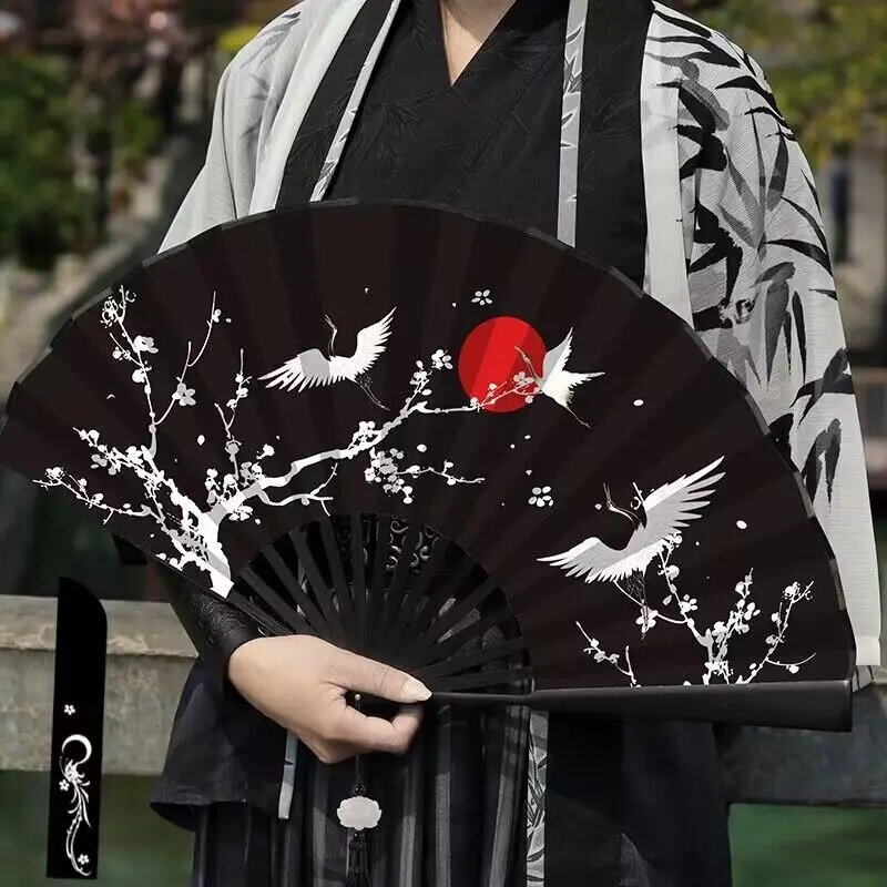 Декоративный складной веер из бамбука и ткани QIANFANEIVES Черный, 7