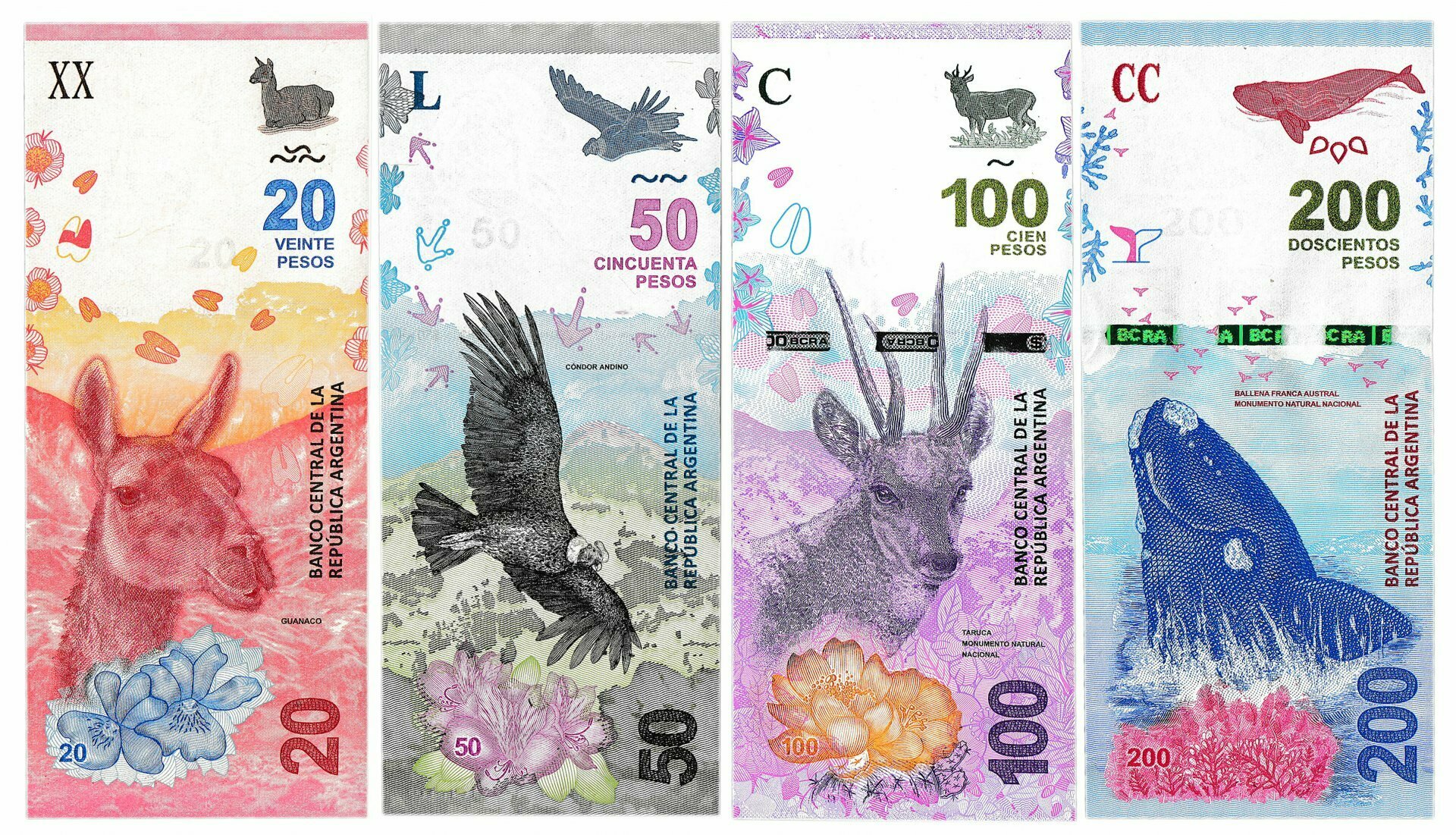 Аргентина - набор 20, 50,100, 200 песо 2017-2019 год - "Фауна"