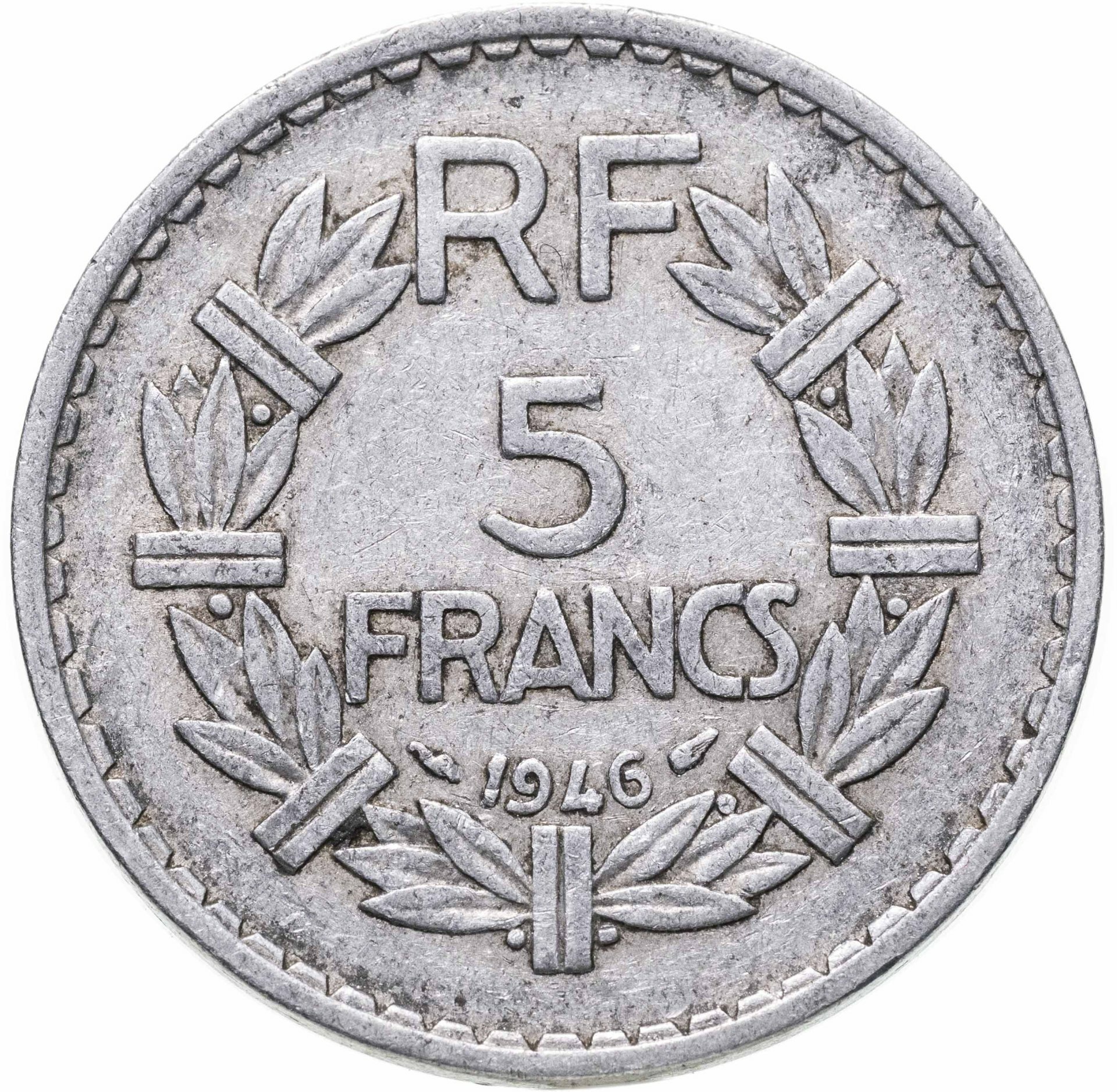 Франция 5 франков francs 1946, Алюминий, в сохранности VF-XF
