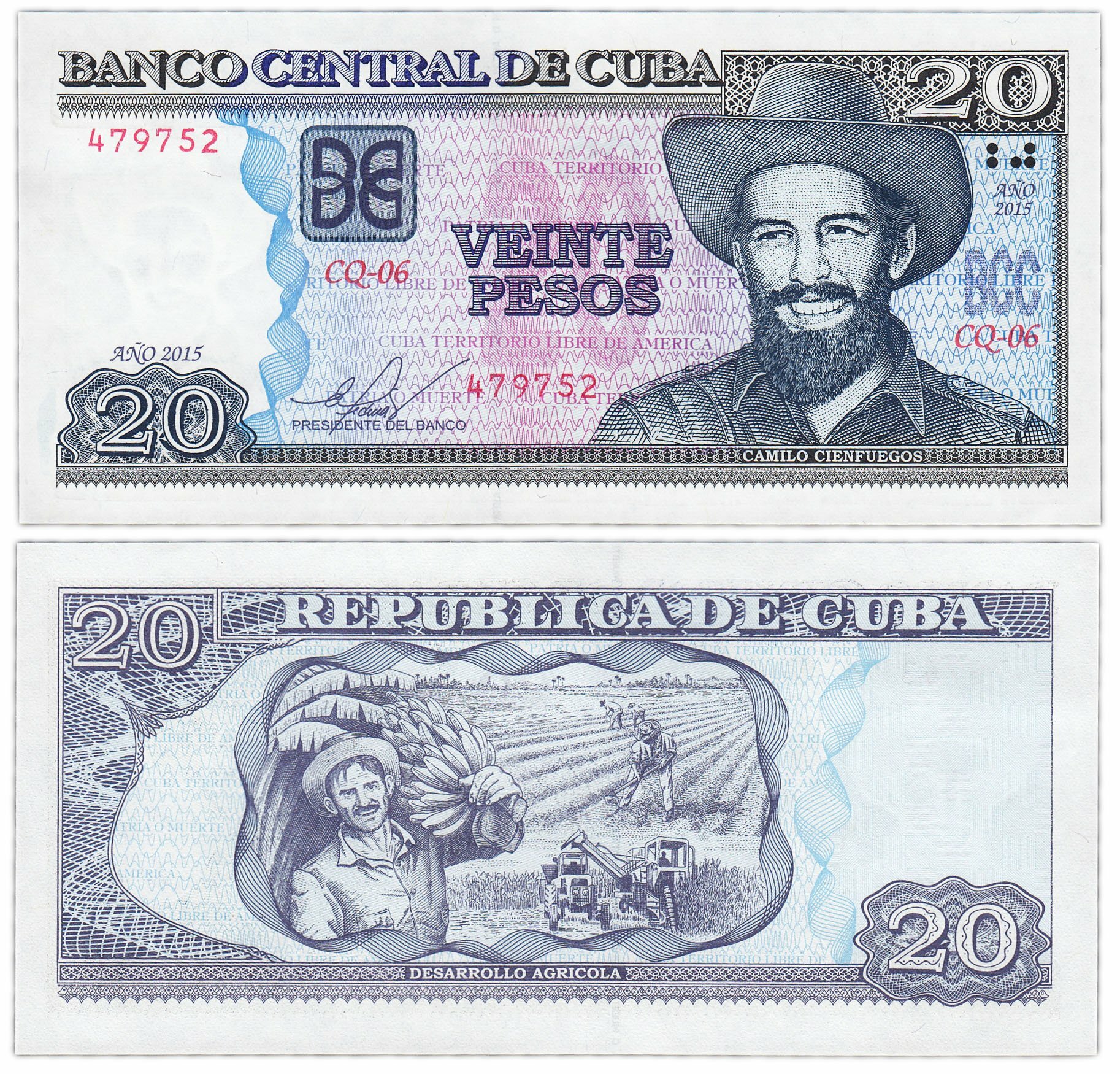 Куба 20 песо 2015 "Сбор бананов, Развитие сельского хозяйства" Р-122j