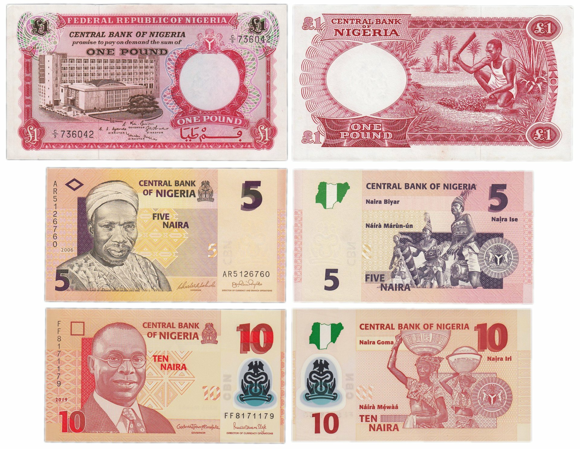 Нигерия набор из 3 банкнот 1 фунт и 5, 10 найра 1967-2019