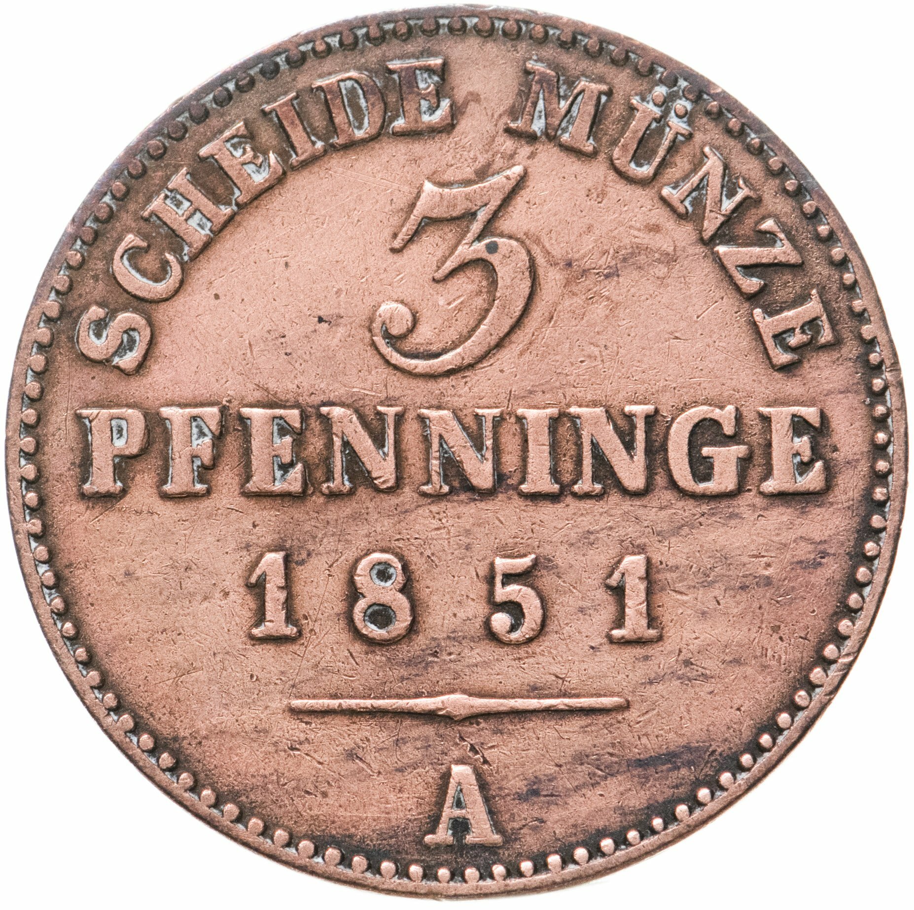 Германия, Пруссия 3 пфеннига 1851, Медь, в сохранности VF