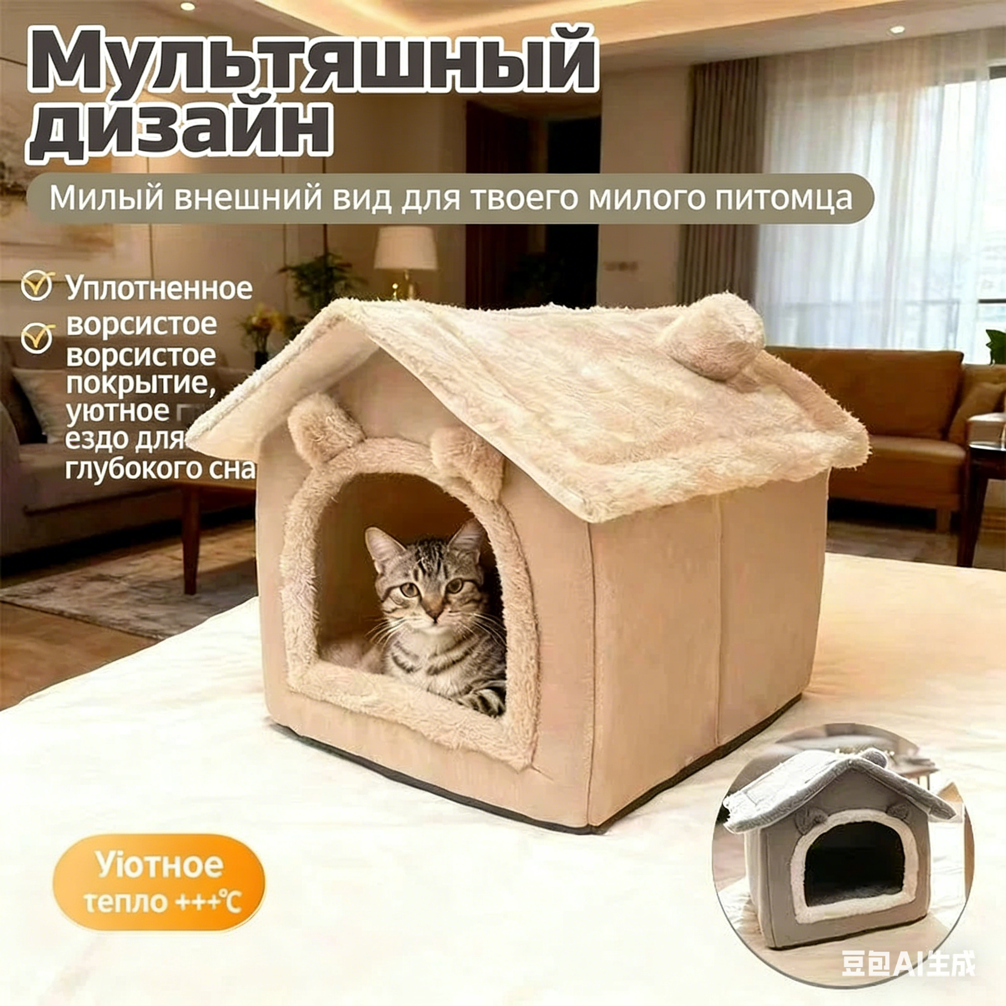 Кошачье гнездышко, съемное и моющееся, кофейного цвета, 41*35*36 см