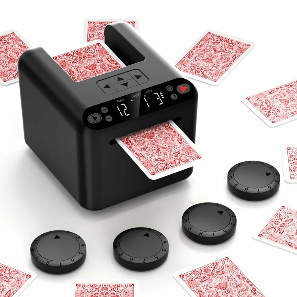 Автоматическая электрическая машина для раздачи карт, совместимая с покером и UNO, вмещает 3 колоды карт, оснащена 4 кнопками вызова, поддерживает настраиваемые правила раздачи и режим Texas Hold'em