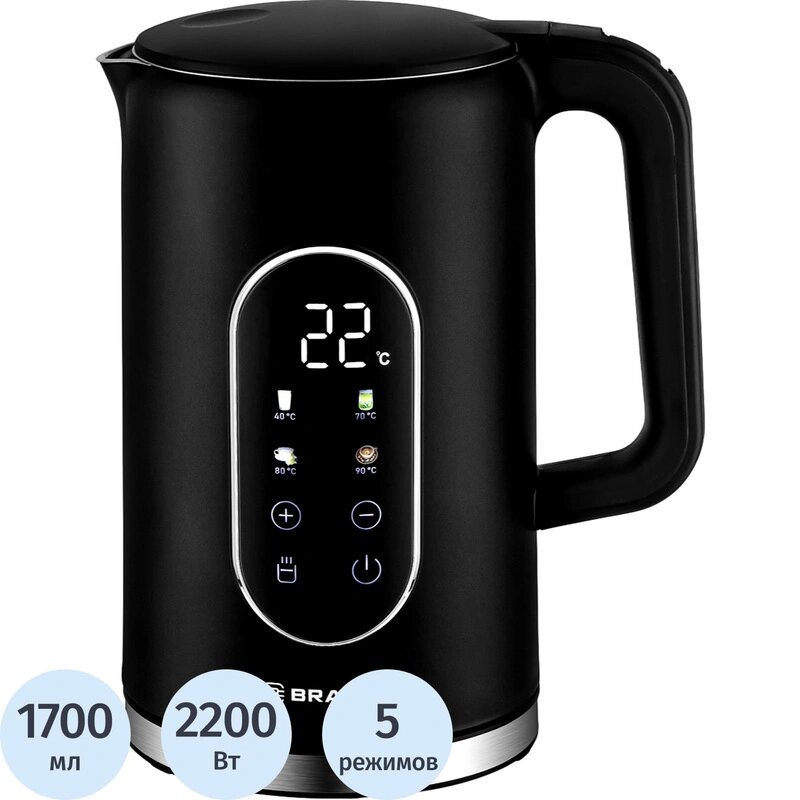 Чайник BRAYER 6107BR-BK, электрический,2200Вт,1,7л, Cool Touch, cенсор упр
