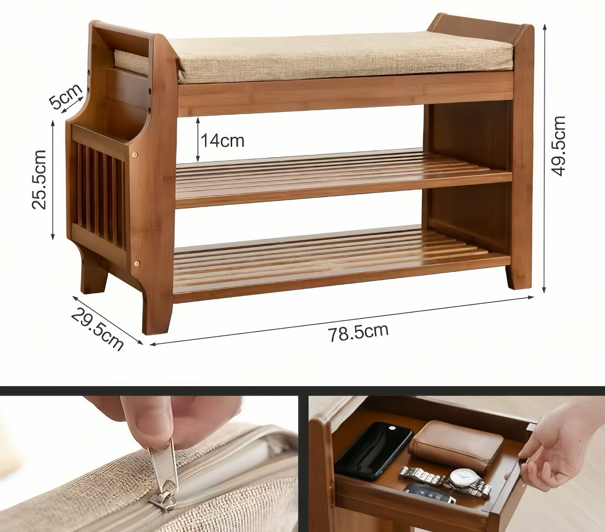 Тумба-секретер "Бамбук", напольная, съемные полки, сидение, ящики, коричневый, 78.5см x 29,5см x 49,5 см