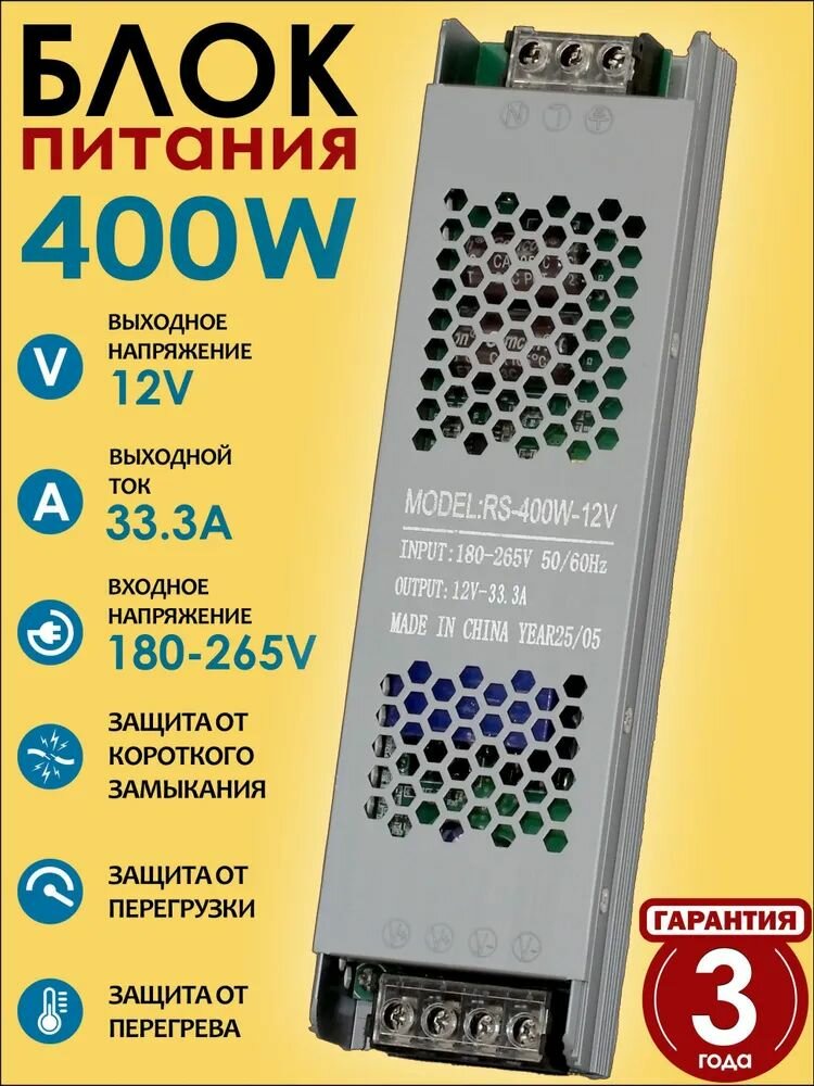 Блок питания для светодиодной ленты, 12В, 400 Вт, IP20