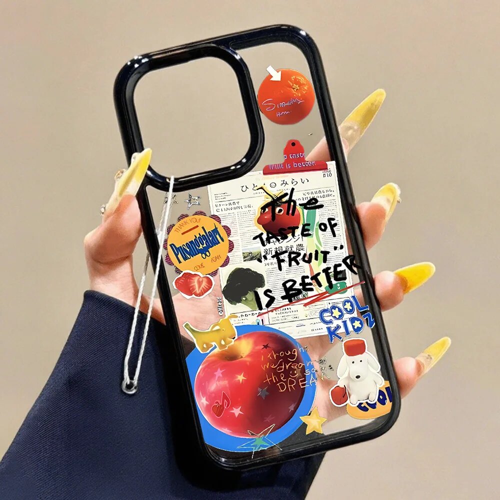 Чехол для iPhone 15 Pro черный, корейский стиль, фрукты