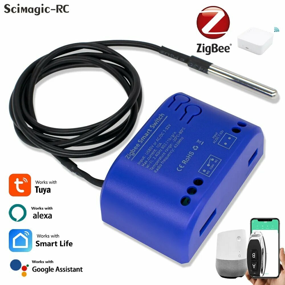 Смарт-переключатель температуры Zigbee 10A с температурным сенсором, мониторинг данных термостата, совместимый с Home Assistant, Alexa, Tuya, пассивный сухой контакт, функция таймера RF.