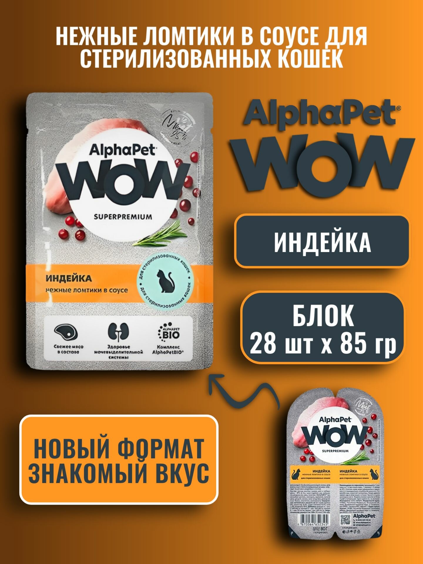 AlphaPet WOW Superpremium / Индейка нежные ломтики в соусе для взрослых стерилизованных кошек, 28 шт х 85 гр