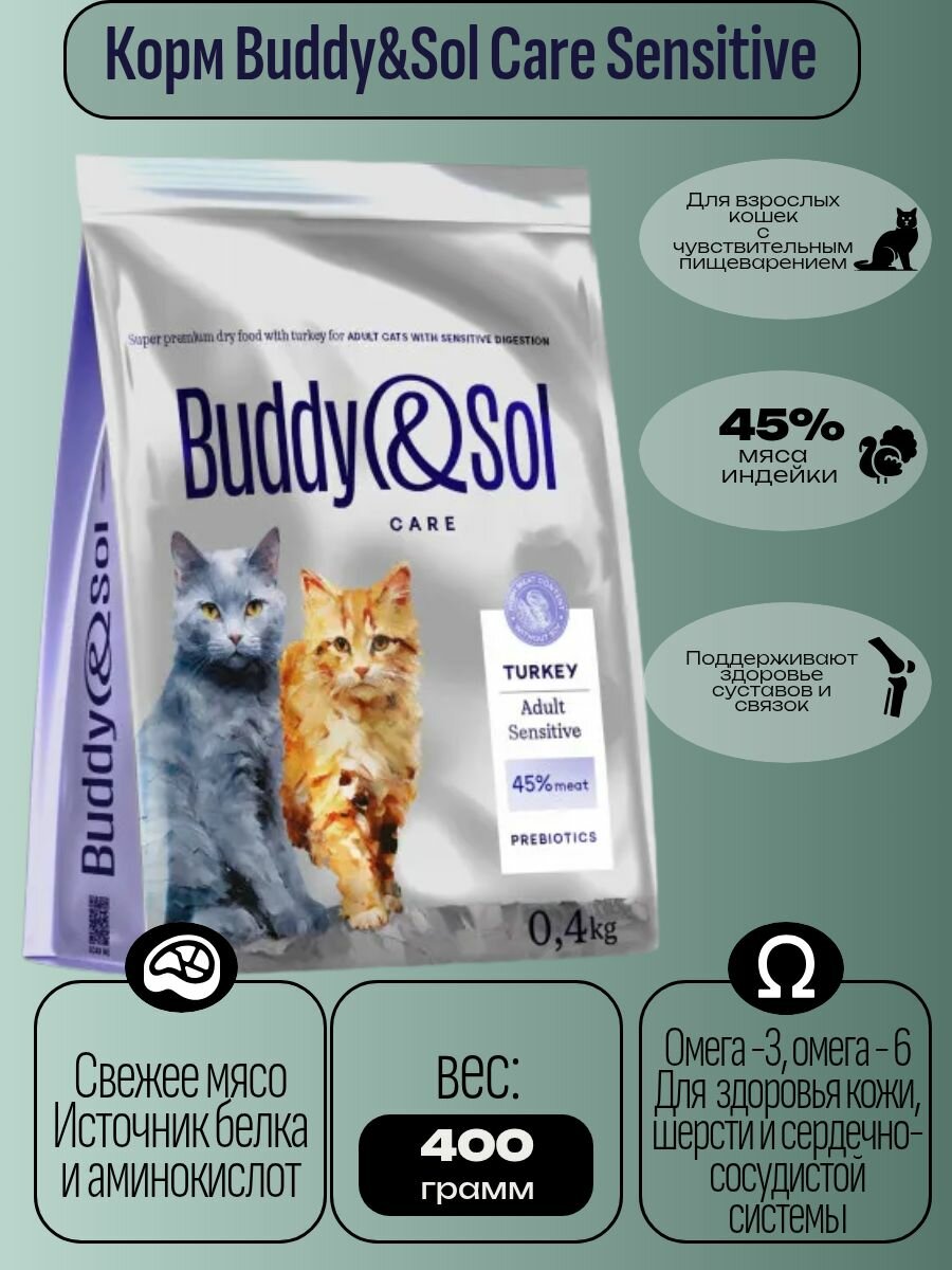 Buddy&Sol Полнорационный сухой корм суперпремиум-класса с индейкой для взрослых кошек. Sensitive 400гр