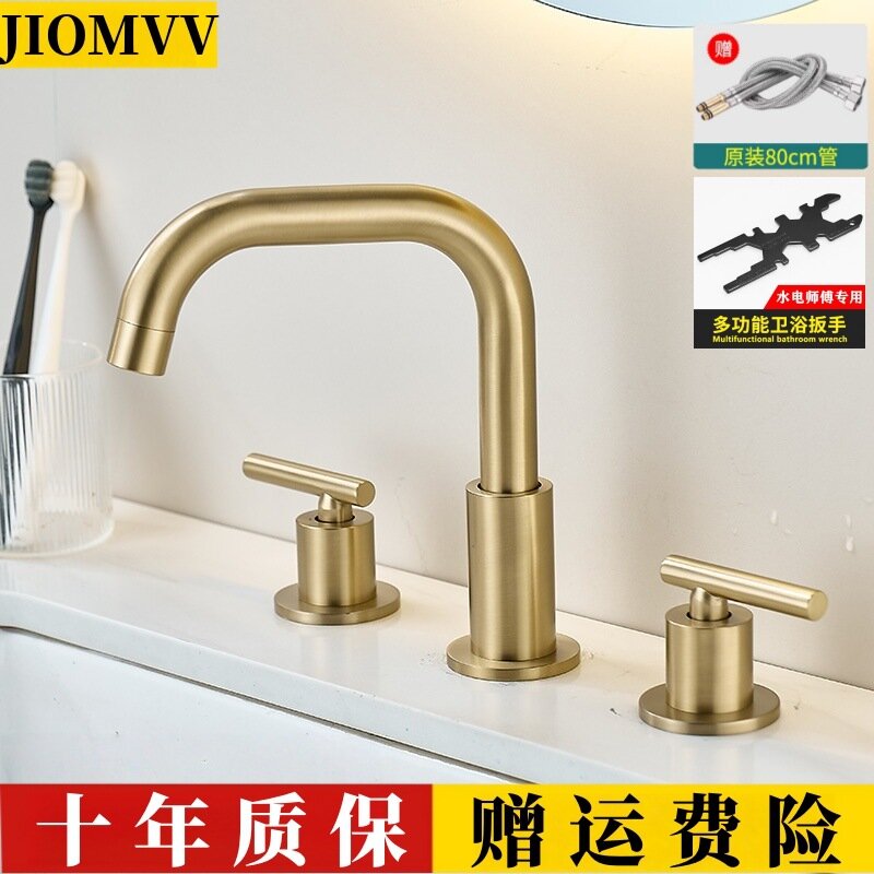 Европейский стиль, золотая разделенная полная медная раковина, трехотверстный водопровод, четырехкомпонентный набор, холодная и горячая ванная комната, умывальник, смеситель с двойной ручкой