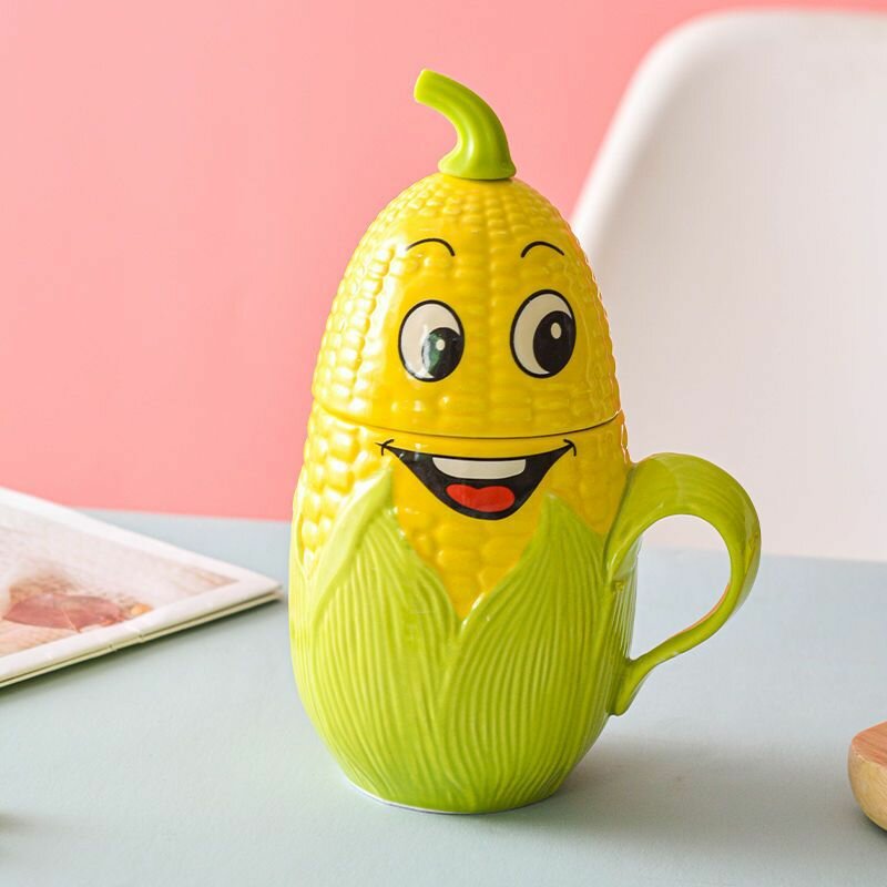 Керамическая кружка, креативная мультяшная кружка с кукурузой, забавная кофейная кружка с крышкой, парная кружка для домашнего питья воды