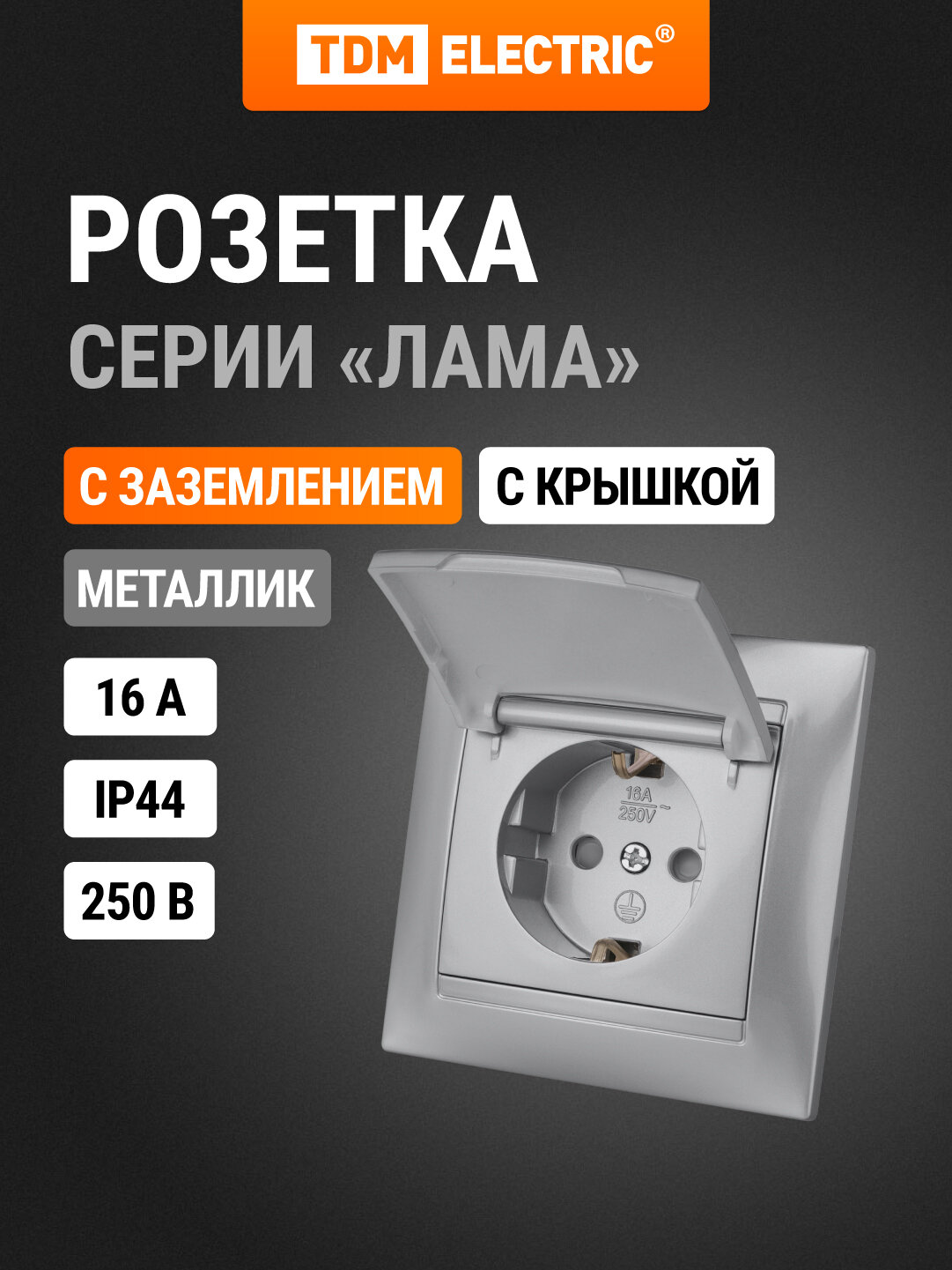 Розетка 2П+З 16А 250В IP44 с защ. шт. с крышкой серебр. металлик "Лама" TDM