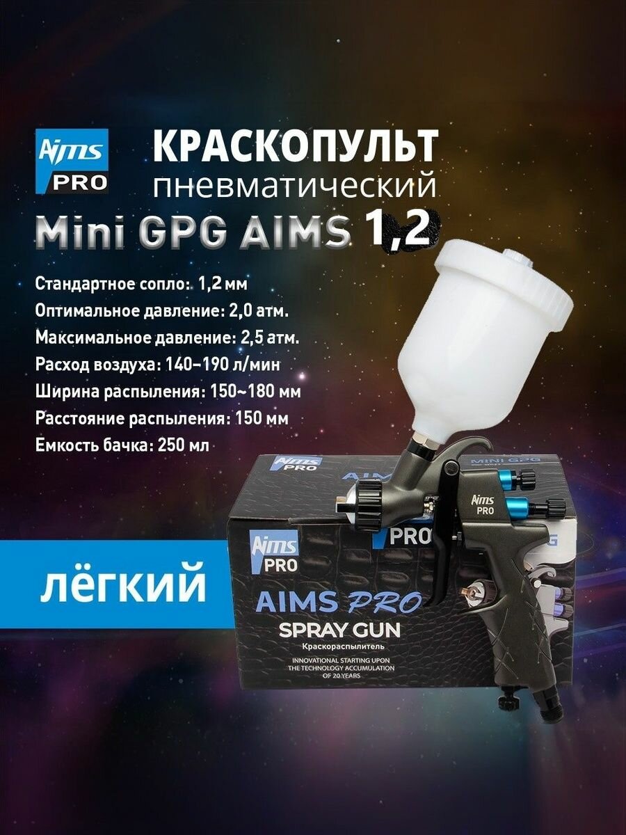 Краскопульт пневматический LVLP MINI Дюза 1,2 AIMS PRO (профессиональный краскораспылитель) для локальных покрасочных работ с верхним пластиковым бачком 250 мл.