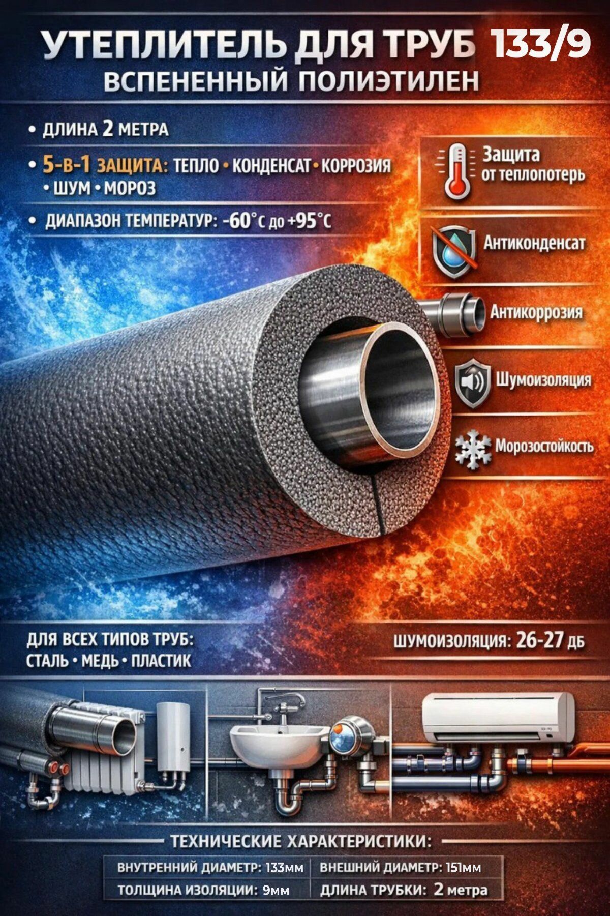 Утеплитель для труб 133/9 - 2 метра (1шт) / вспененный полиэтилен / теплоизоляция / звукоизоляция