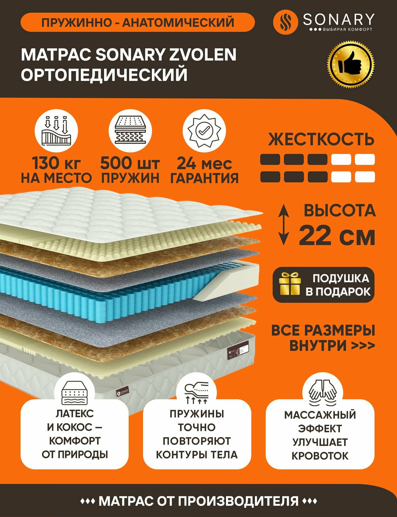 Матрас Sonary Zvolen 110х195 серии Relax высота 22 см анатомический средней жесткости латексный Независимые пружины