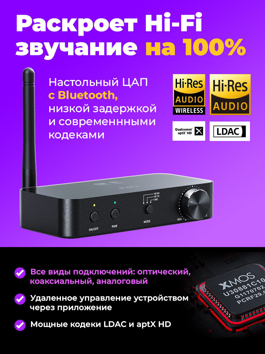Hi-Res Bluetooth ресивер FIIO BTA30 pro, прием и передача BT, RCA выход, оптический и коаксиальный вход/выход, USB вход