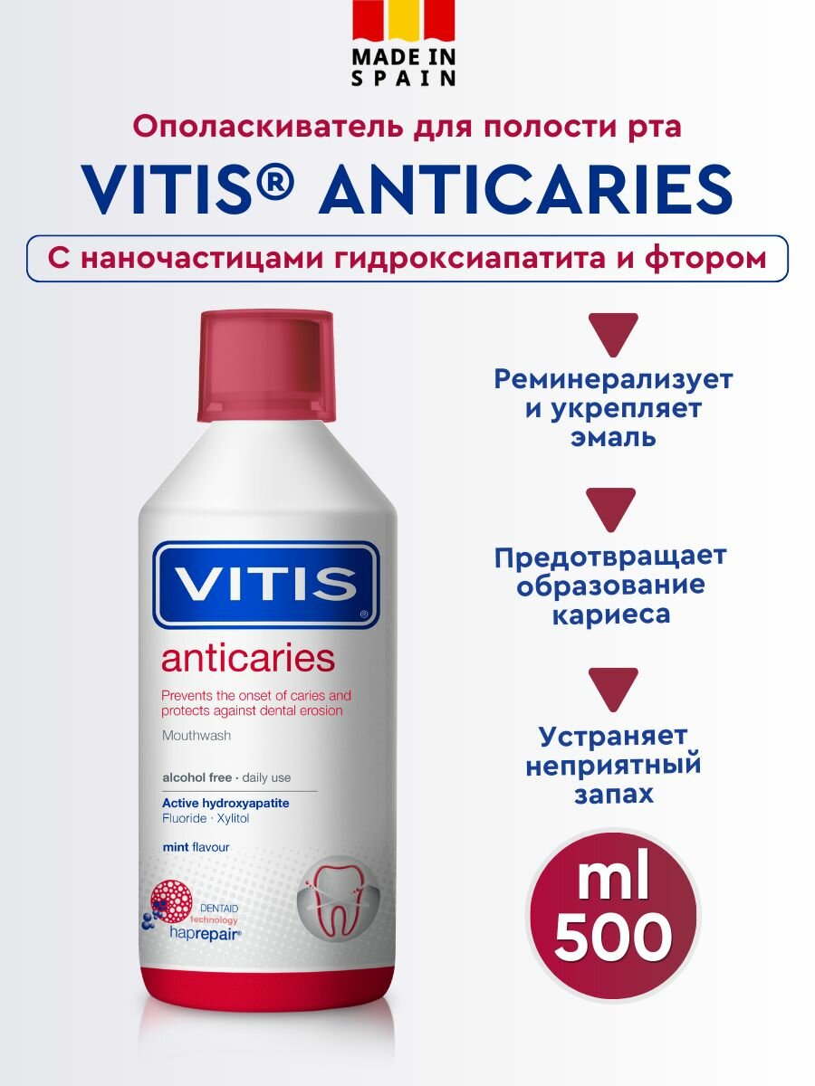 Ополаскиватель для рта Vitis Anticaries 500мл против кариеса со вкусом мяты