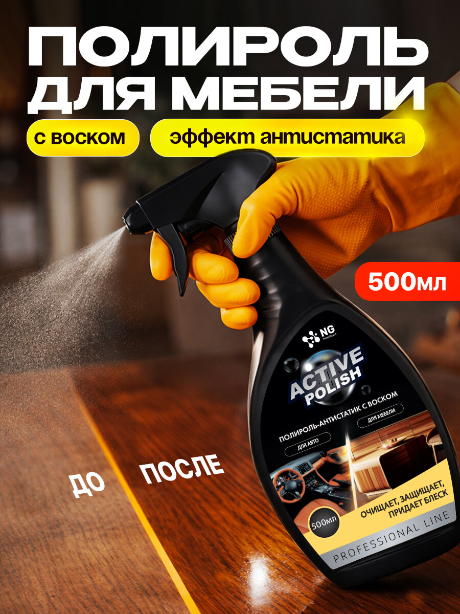 Полироль антистатик с воском, для мебели и авто ACTIVE POLISH NG224 0.5л