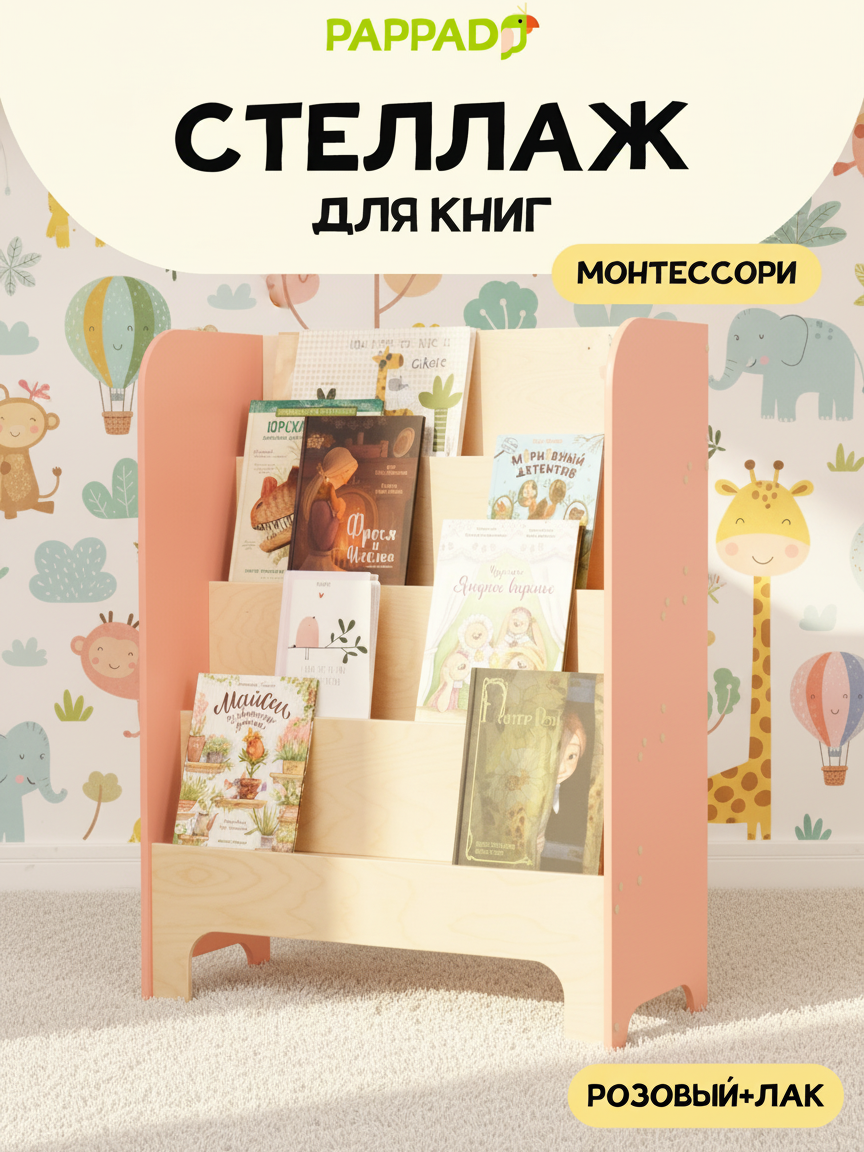 Стеллаж для книг и игрушек PAPPADO деревянный с полками розовый/лак