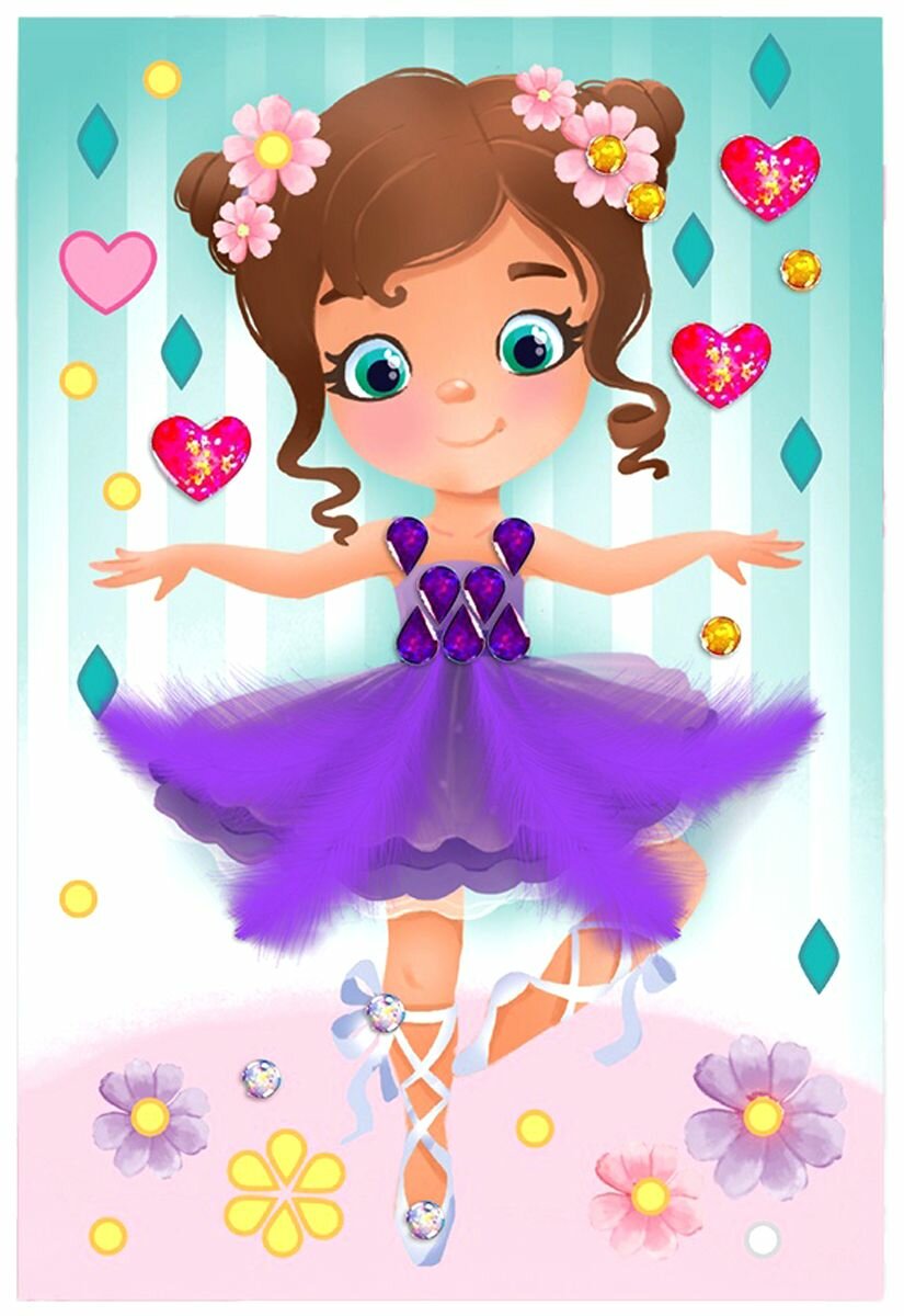 Аппликация перьями и стразами "Маленькая балерина", набор для детского творчества с раскраской, картина своими руками, формат А5