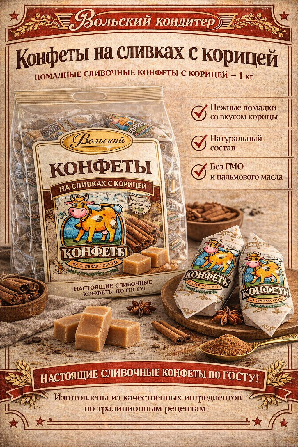 Конфеты Вольский кондитер "Cream Fudge"на сливках с корицей, помадные, 1кг.