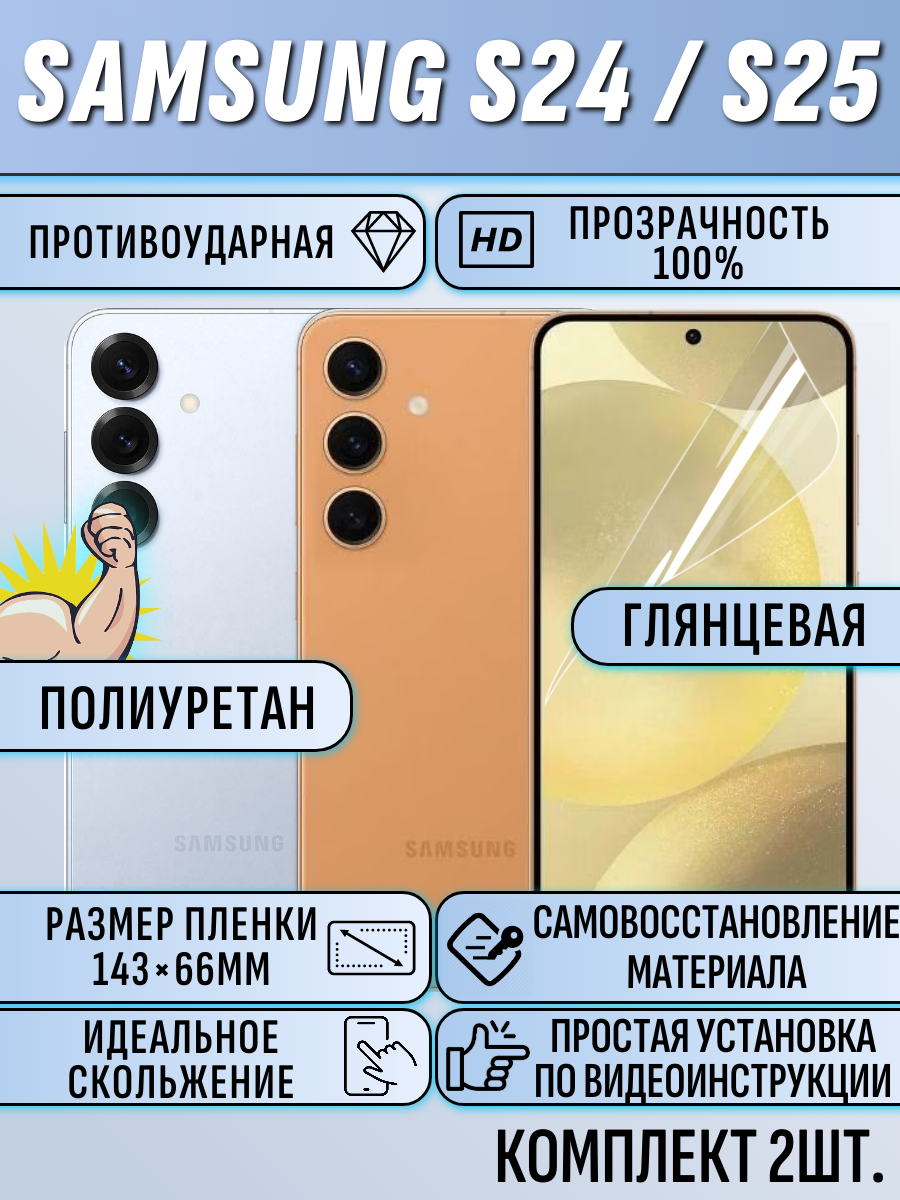 Гидрогелевая защитная пленка для Samsung S24 / S25 глянцевая 2 шт