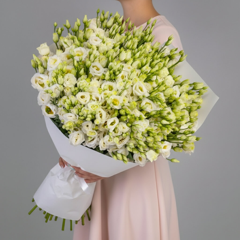 Букет Мегацвет24, Белая Эустома, 51 цветок, сборка под ленту