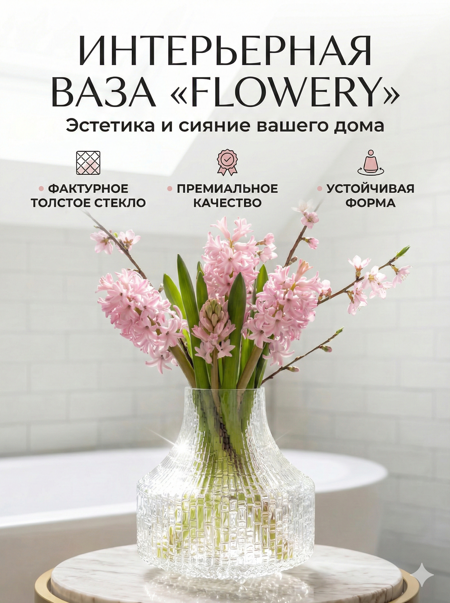 Ваза SOFFLA, рифленая, для цветов и сухоцветов, стеклянная, 20см