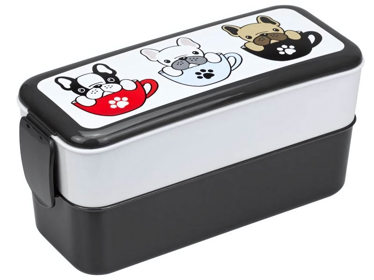 Контейнер для обеда 2x0,5л двухъярусный, пластик, с защелками, "Бульдоги", черно-белый