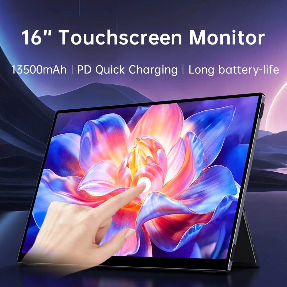 Портативный монитор VCHANCE 16' с 4K разрешением и сенсорным экраном, батареей 13500 мАч, 100% DCI-P3, дисплей для путешествий для Macbook, ноутбуков, телефонов, Switch, PS5, Xbox