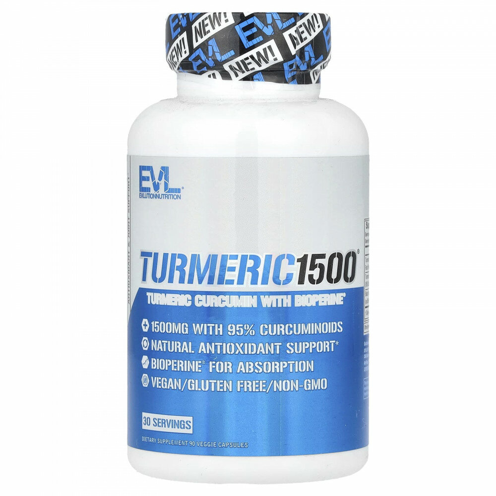 EVLution Nutrition, Turmeric 1500®, куркумин из куркумы с BioPerine®, 90 растительных капсул