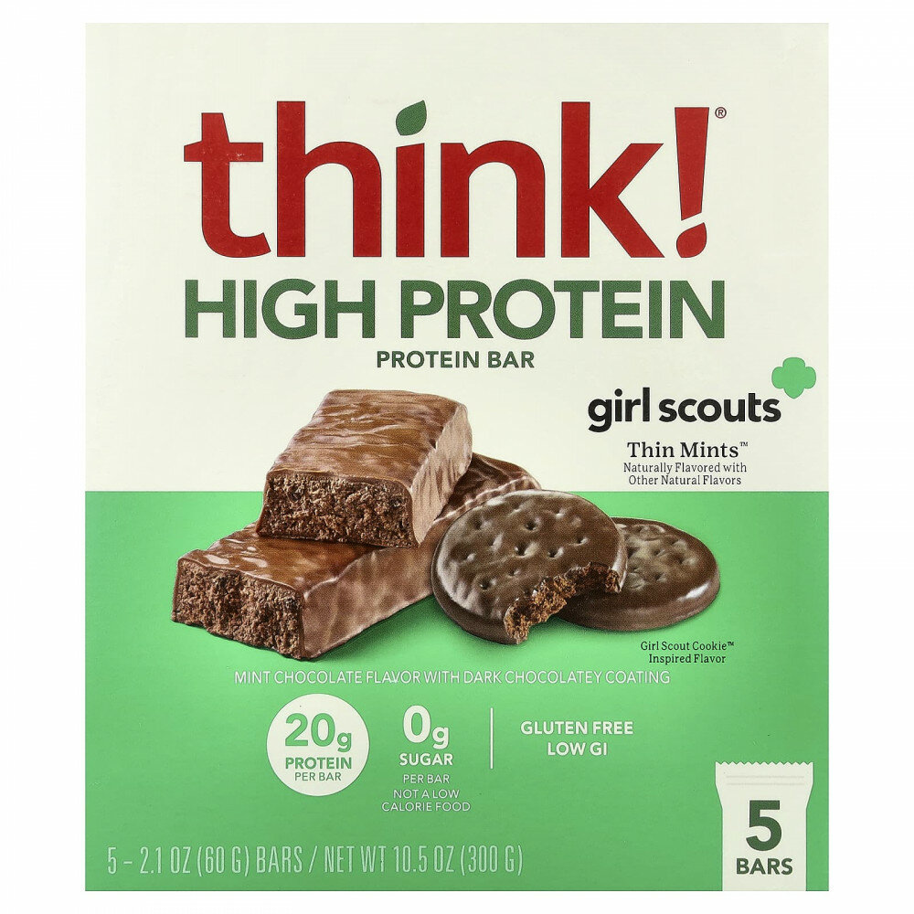 Think , батончики с высоким содержанием протеина, Thin Mints™, 5 батончиков по 60 г (2,1 унции)