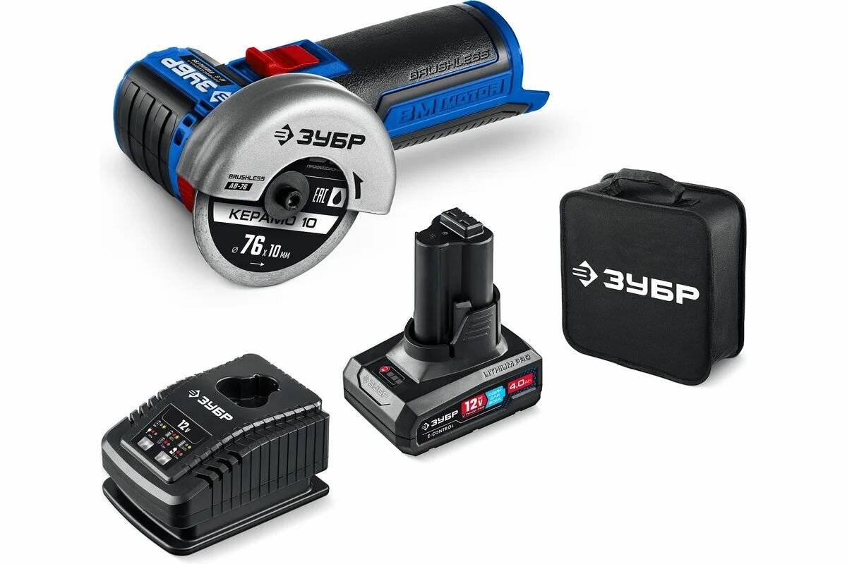 Шлифмашина ЗУБР Профессионал, 12В, диаметр 76 мм, 1 АКБ тип Т7 4 Ач, бесщеточная, сумка