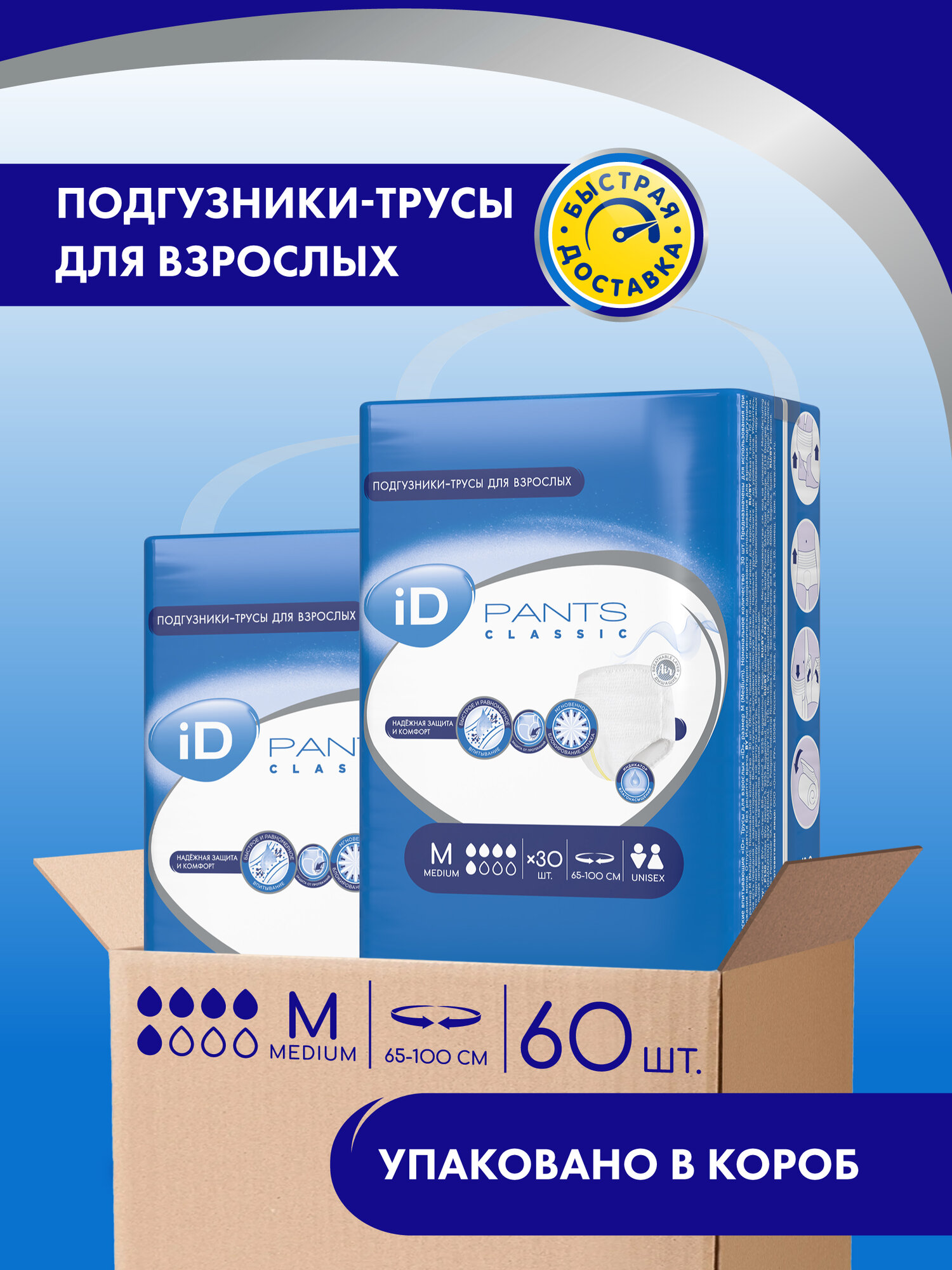 Трусы подгузники для взрослых M, 60 шт iD PANTS CLASSIC, (2 уп. по 30 шт.) в коробе