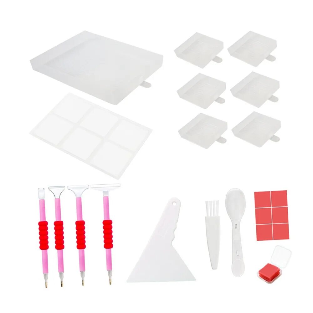 Набор для алмазной мозаики: лоток для сортировки стразов, 6 маленьких лотков, крышка, щетка, ложка, 4 ручки для сверления, держатели, корректор, клейкая глина