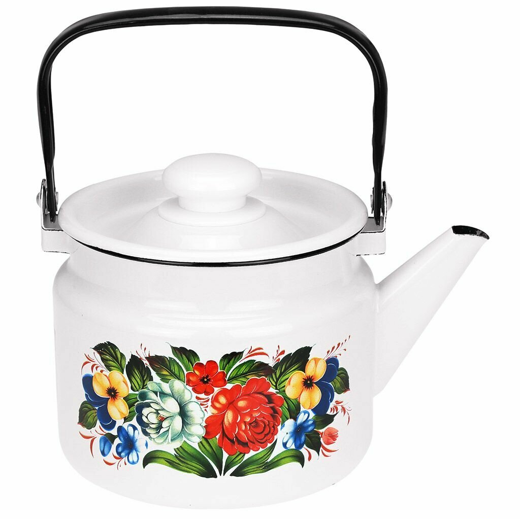 Чайник для плиты Лысьвенские эмали "Татьяна", эмалированный, 2 л, диаметр 16 см, высота 13 см, металлическая крышка с пластмассовой ручкой-кнопкой, металлическая подвижная ручка (С-2710П2/4Рч)