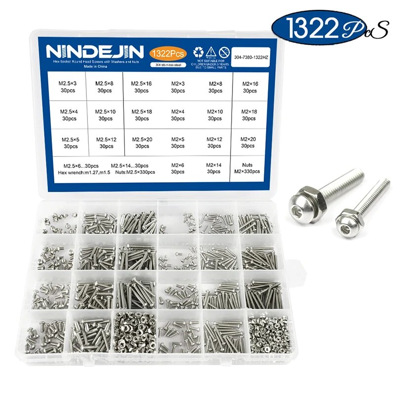 NINDEJIN Набор винтов M2-M6, 1322 шт, головка round head