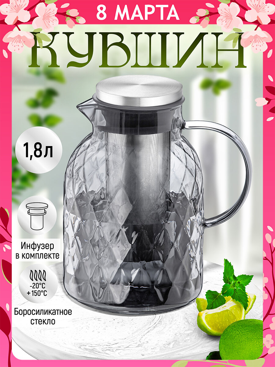 Кувшин 1,8 л Elan Gallery Crystal glass + металлический инфузер с силиконовой прокладкой