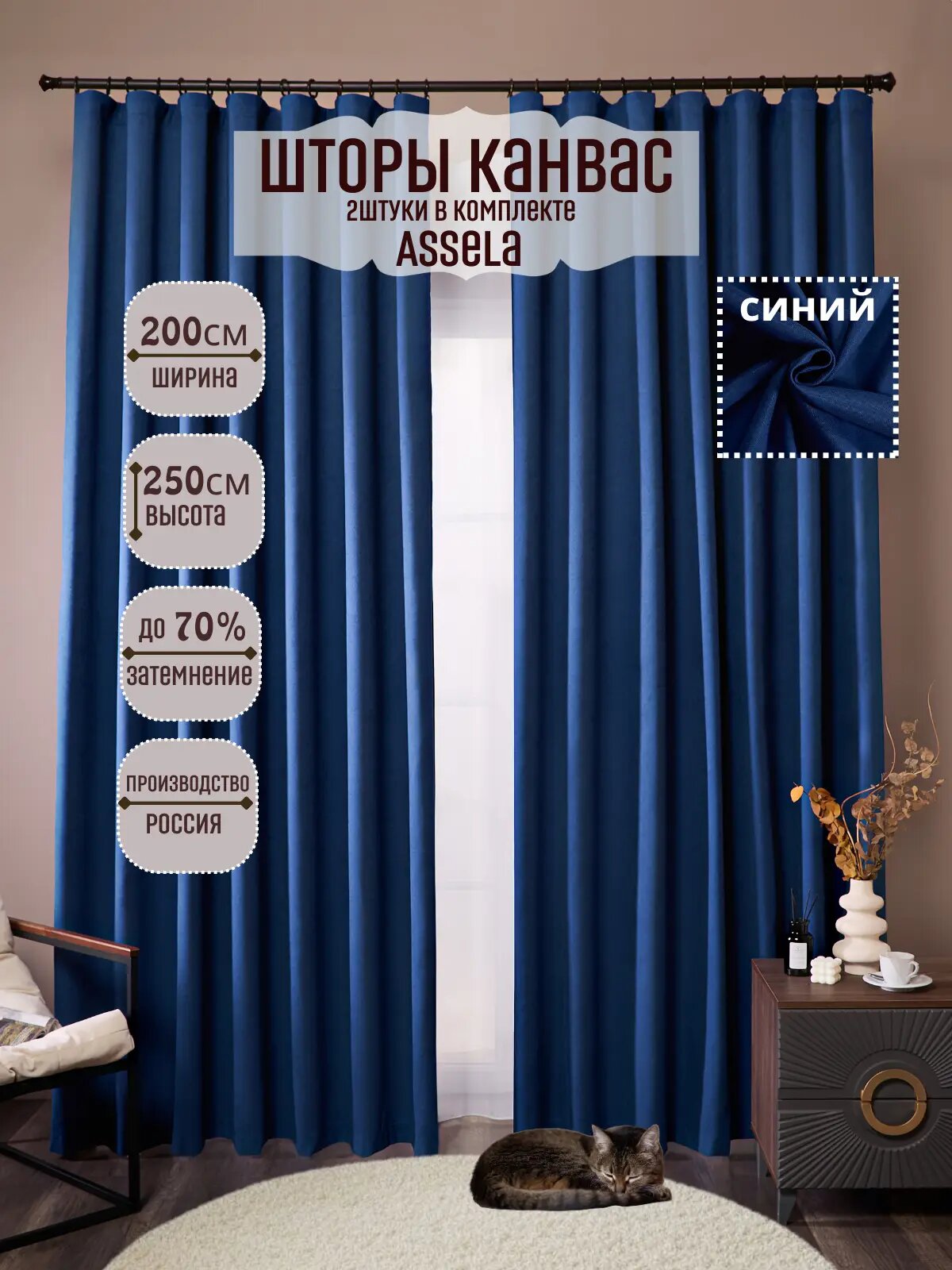 Шторы синие, 200x250 см, комплект из 2 шт, из канваса, плотные