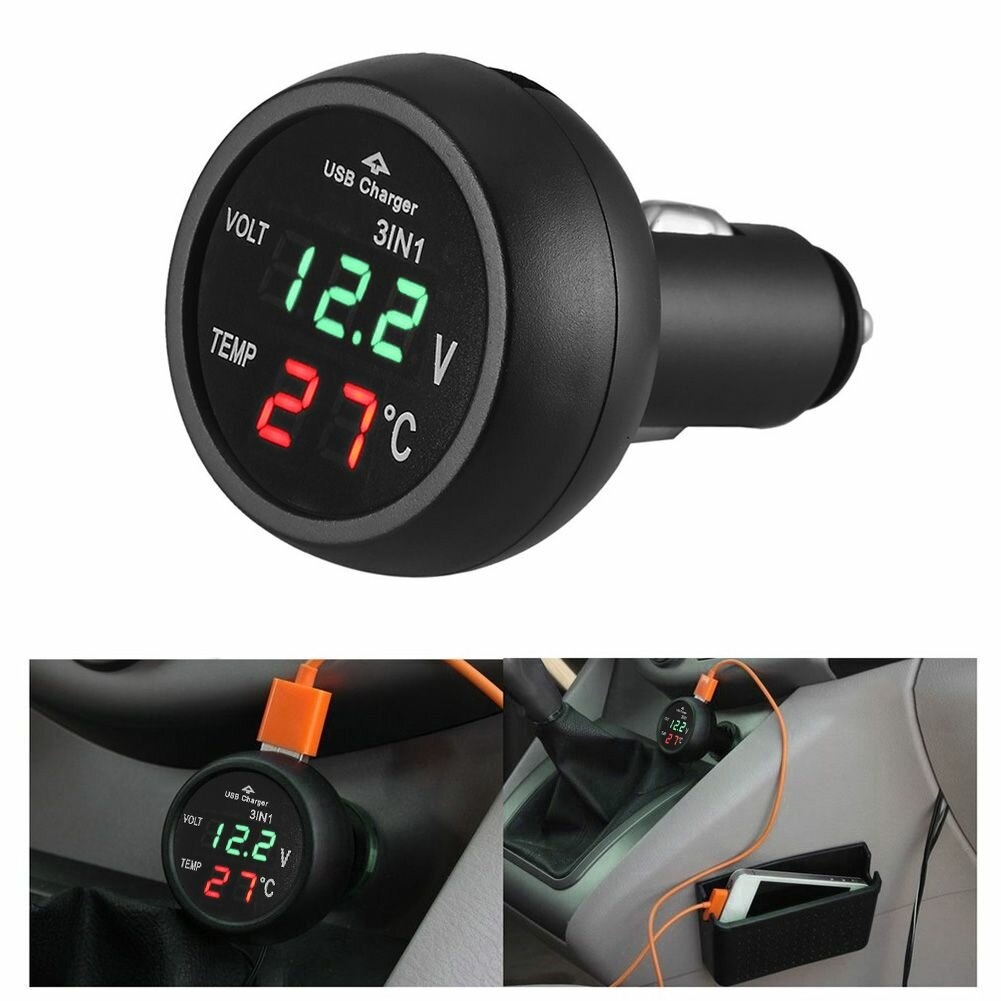 Автомобильный вольтметр-термометр VST-706 12/24 В с USB 5В/2.1А, LED-дисплеем и зелёной подсветкой, в прикуриватель