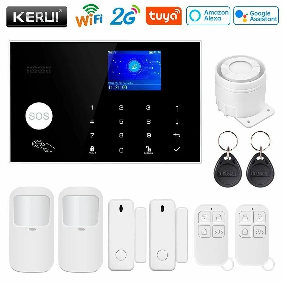 KERUI Беспроводная охранная сигнализация для дома и офиса с GSM/Wi-Fi, комплект сигнализации подключением к умному дому Smart Life (Tuya Smart), Комплект 2 ИК датчика, 2 датчика двери (окна)