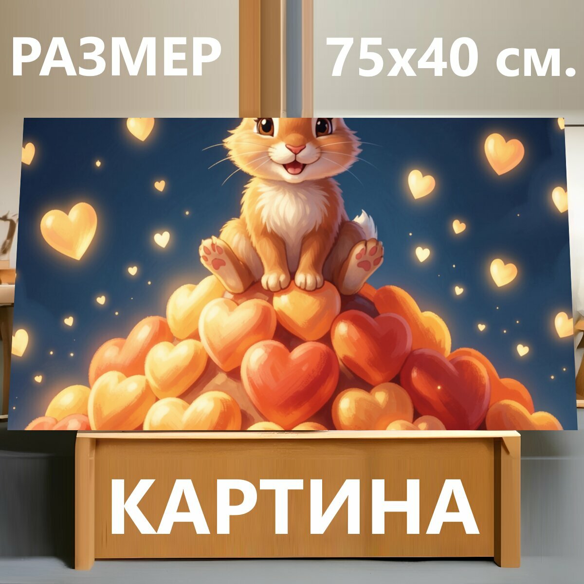 Картина на холсте "Милый пушистый заяц с улыбкой сидит на вершине большой горы из светящихся оранжево-красных сердечек, вокруг которых в." на подрамнике 75х40 см. для интерьера
