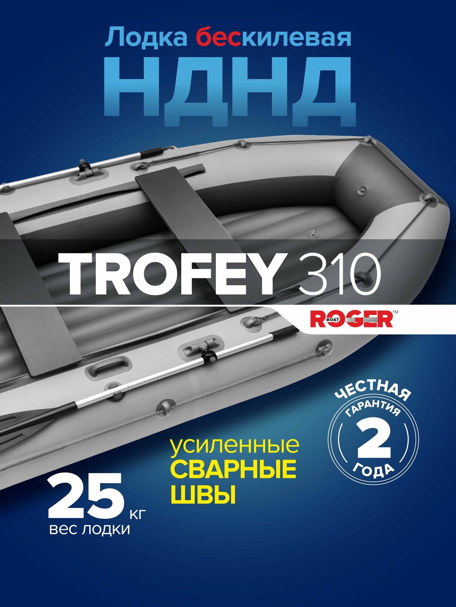 Лодка ПВХ под мотор НДНД ROGER Trofey 310, лодка надувная для рыбалки роджер (серый графит)