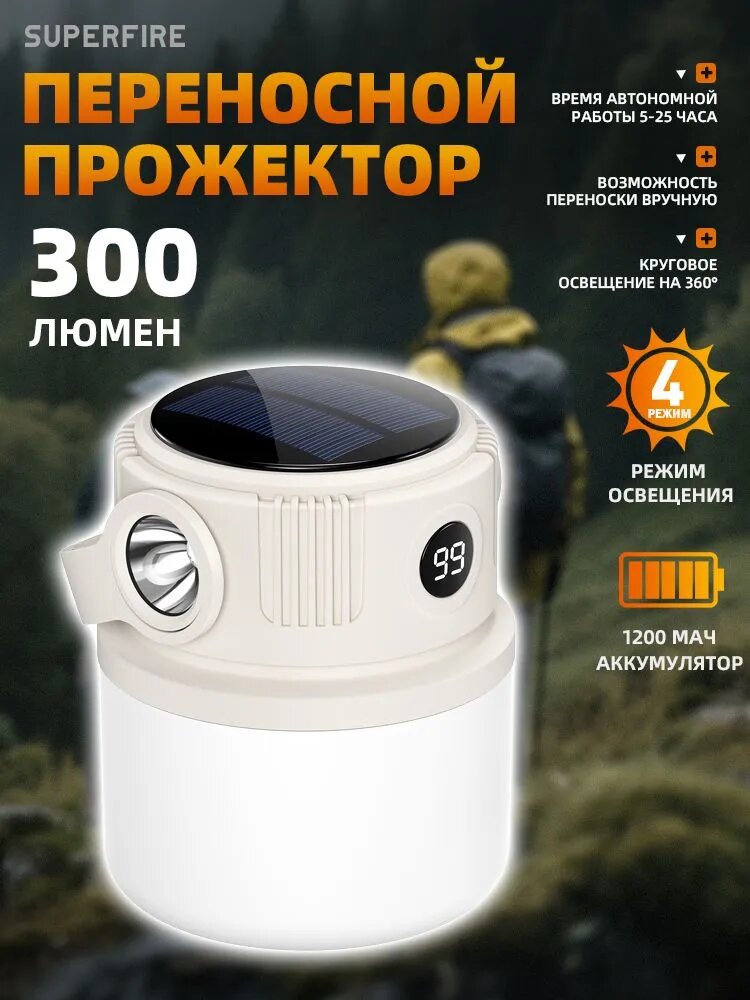 Кемпинговый фонарь аккумуляторный Встроенный аккумулятор защита IP43 цвет Слоновая кость арт. SUPERFIRE