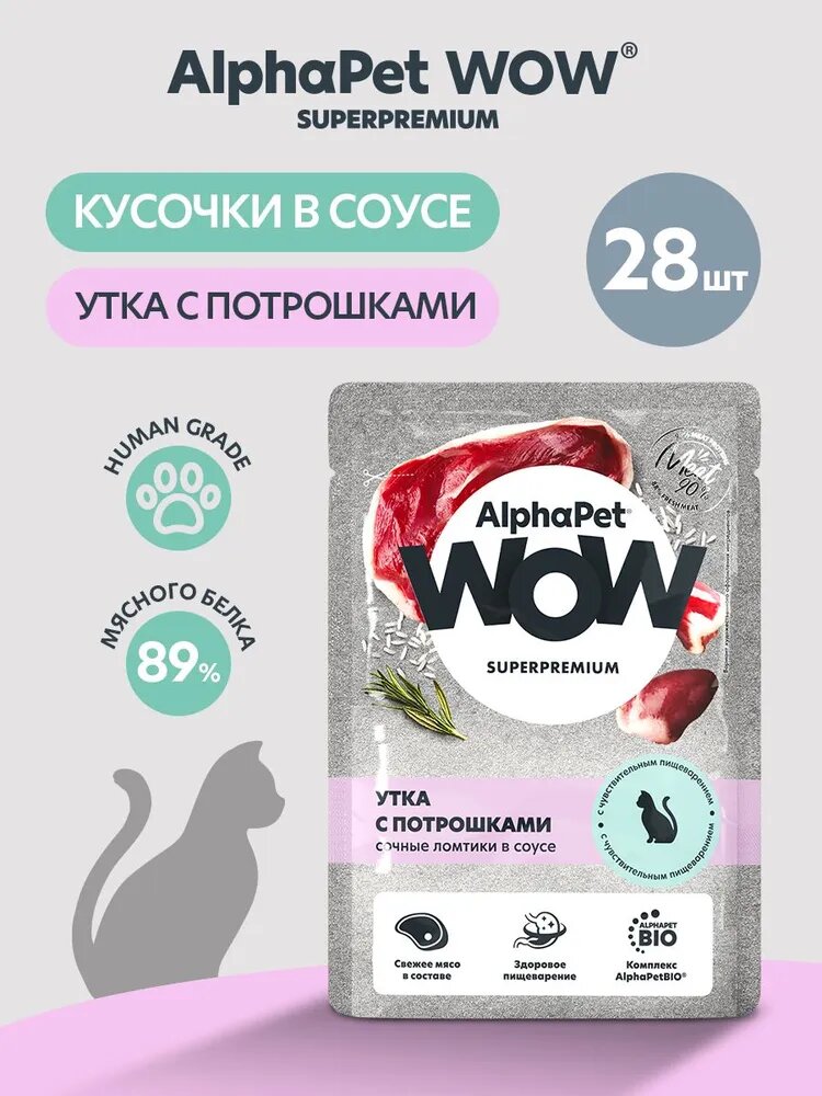Пауч 28 шт Влажный полнорационный корм для кошек с чувствительным пищеварением утка с потрошками сочные ломтики в соусе AlphaPet WOW Superpremium, 85 г