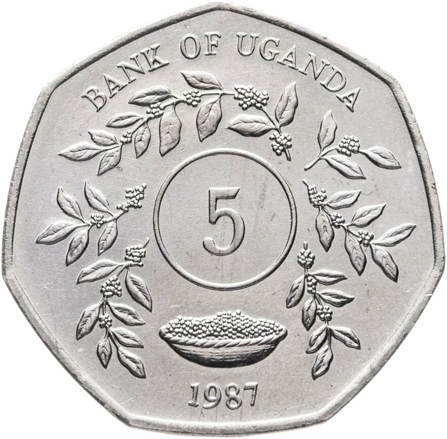 Уганда 5 шиллингов shillings 1987, Сталь, в сохранности UNC